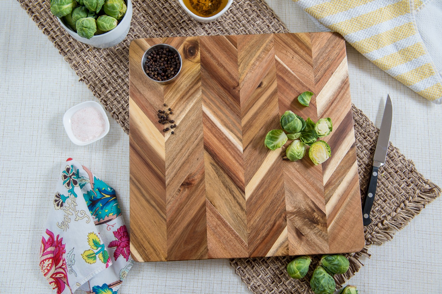 Acacia Herringbone Square Board with Inset Handles | Lipper International