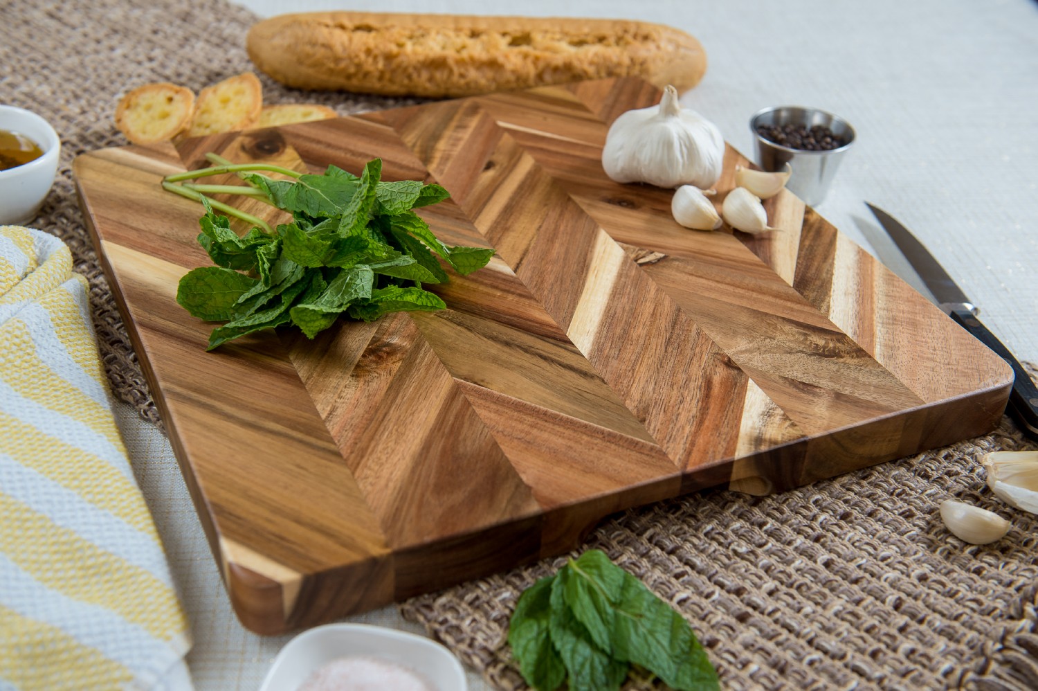 Acacia Herringbone Square Board with Inset Handles | Lipper International