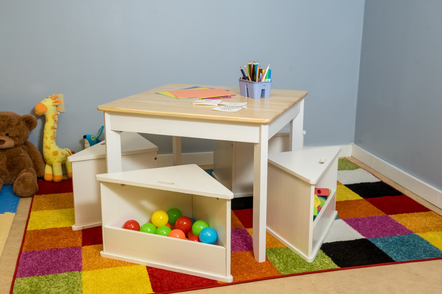 Kids Table with Nested Chairs, Natural White Finish | Lipper International